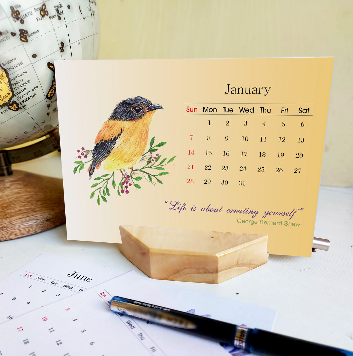 IVEI Hand-painted Floral Paper Calendar with Wooden Desk Hexa Stand ...